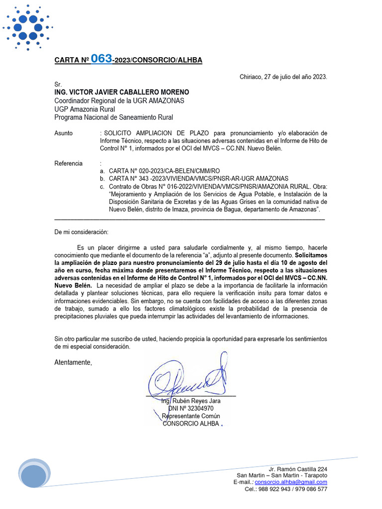 Carta #063 Solicito Ampliacion de Plazo - Descargo Contraloria Nuevo Belen | PDF | Saneamiento ...