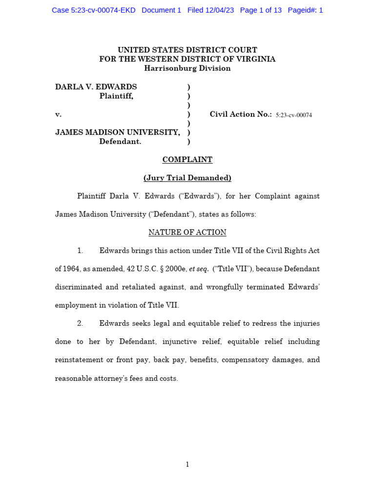 Edwards V James Madison University Vawdce-23-00074 0001.0 | PDF | Legal ...