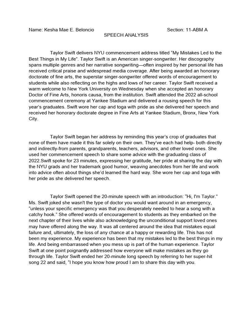 Taylor Swift Speech Analysis | PDF | Taylor Swift