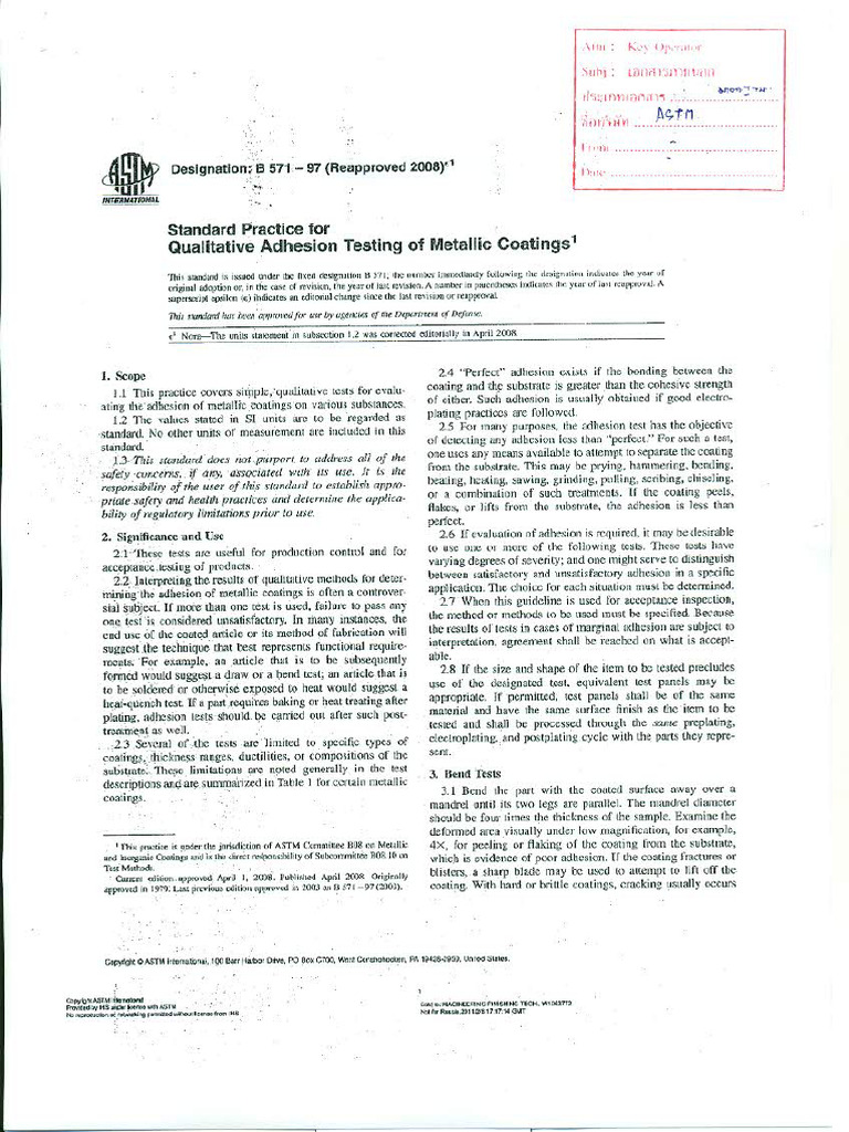 ASTM B 571-97 Standard Practice For Qualitative Adhension Testing of ...