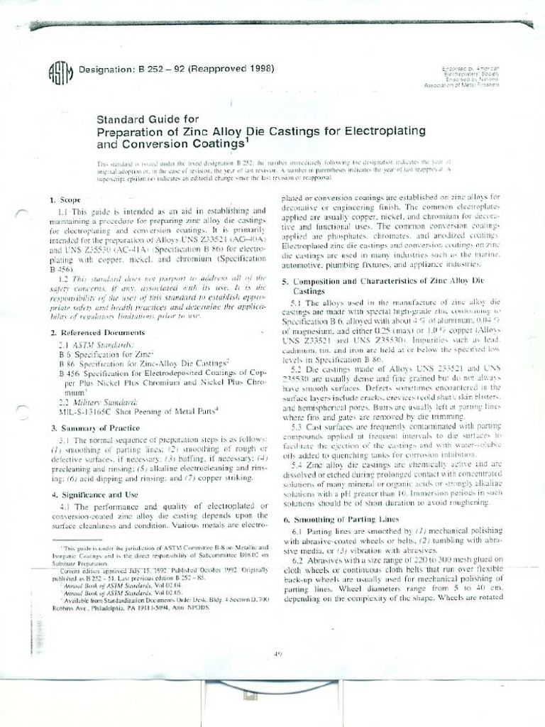 ASTM B252-92 Preperation of Zinc Alloy Die Casting For Electroplate and ...