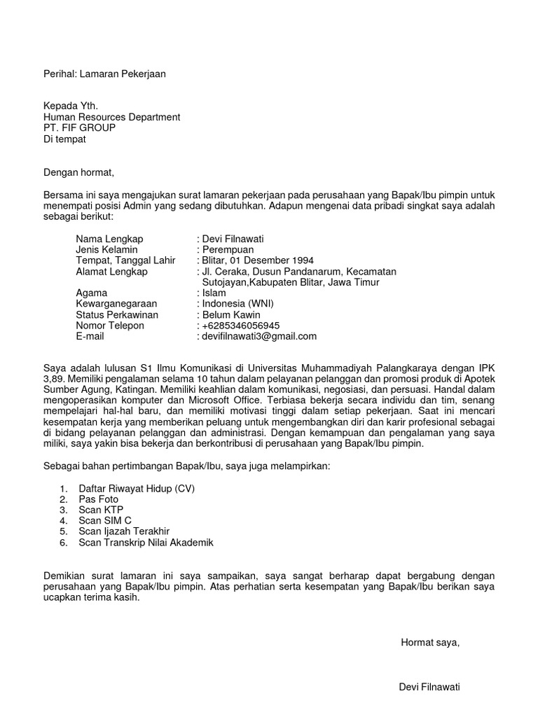 Surat Lamaran Kerja Dan CV Devi Filnawati | PDF