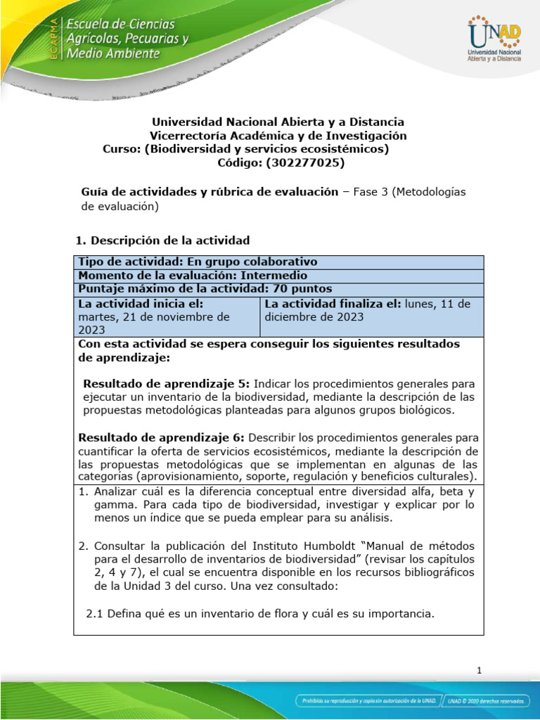 Actividades de Evaluación en Biodiversidad | PDF | Evaluación ...