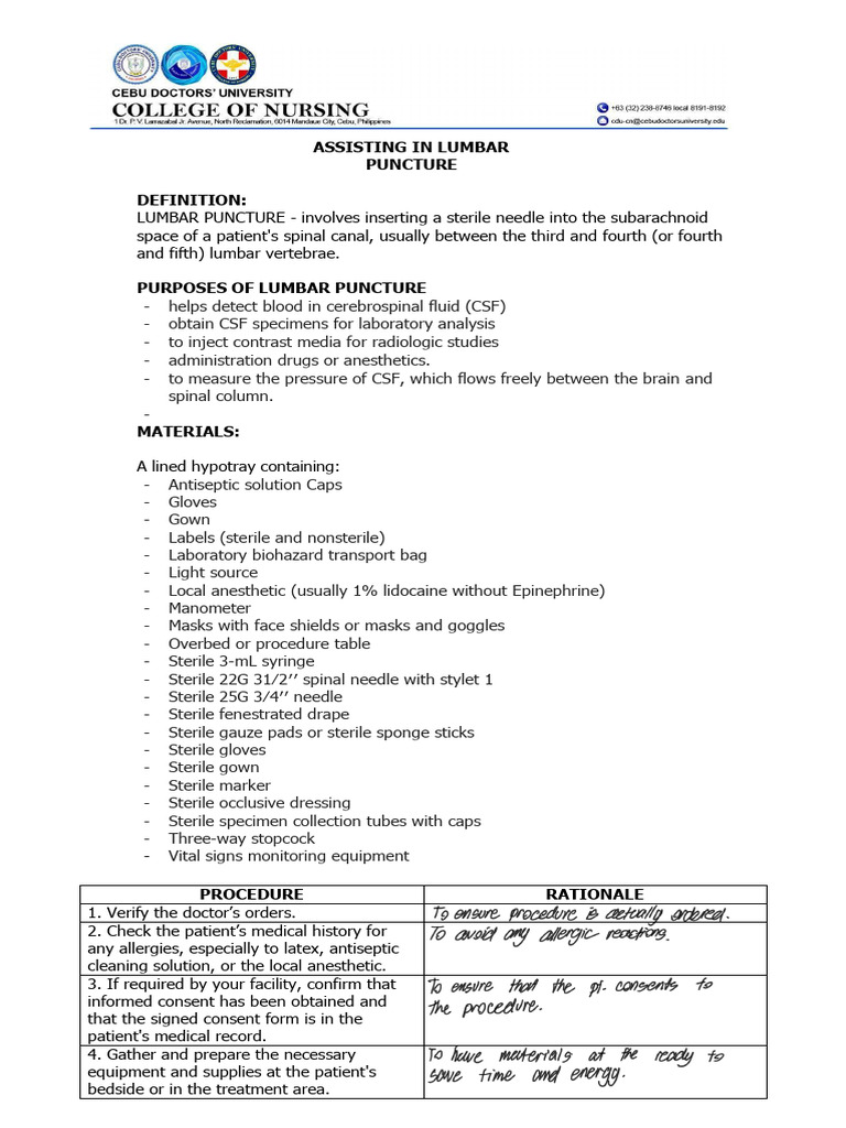 Assisting-in-Lumbar-Puncture Procedure Guide | PDF | Anesthesia ...