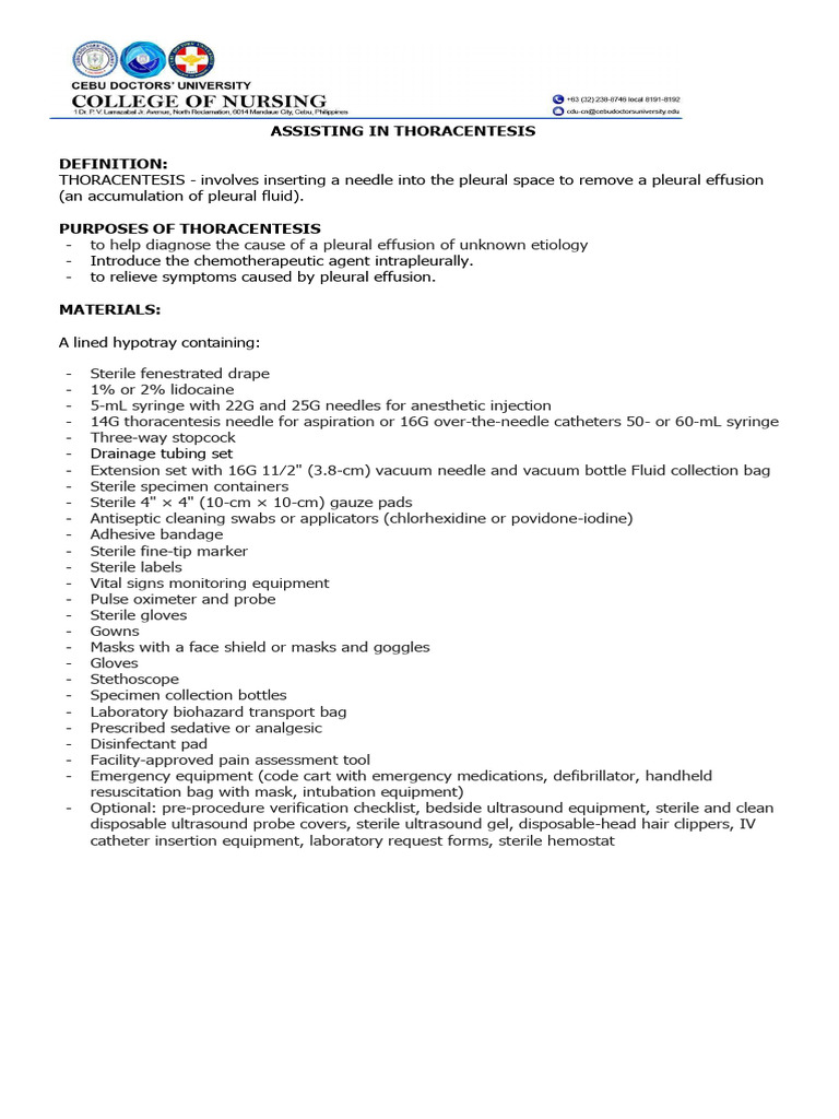 Thoracentesis Procedure Guidelines | PDF | Syringe | Anesthesia