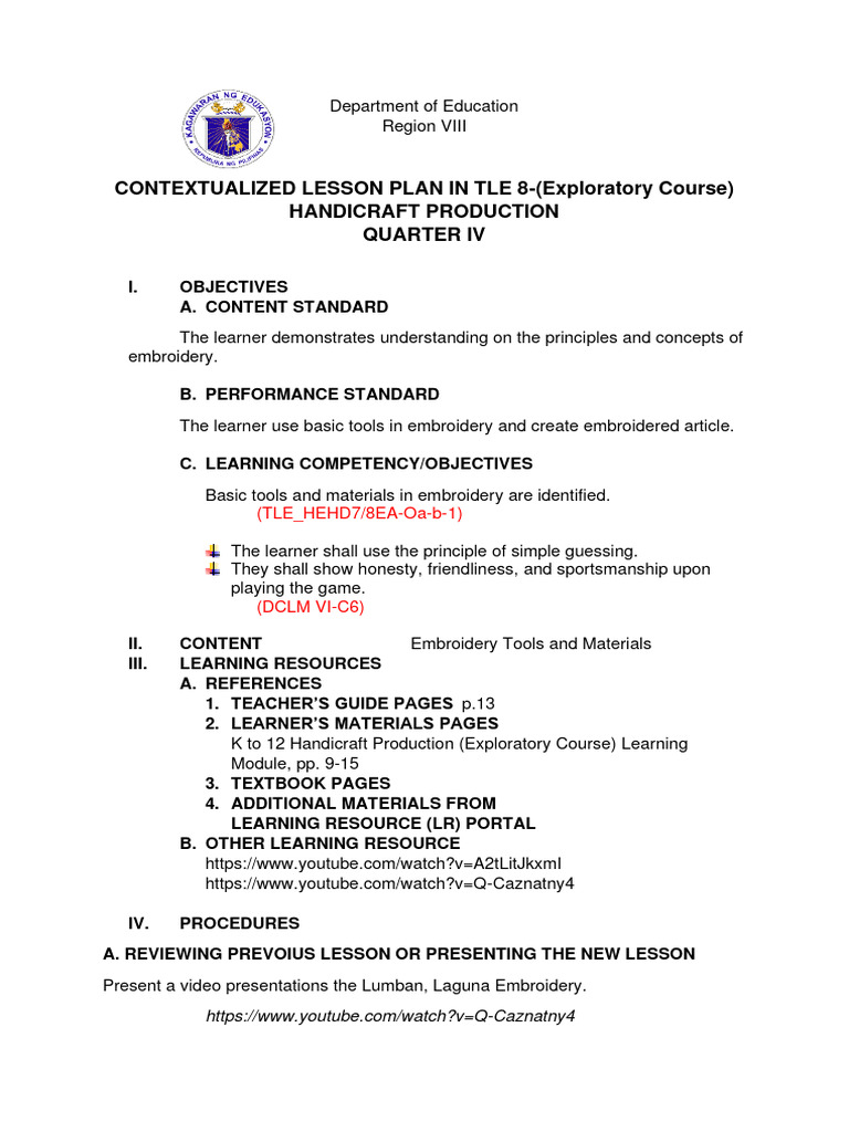Contectualized Lesson Plan-Embroidery | PDF | Learning | Teachers