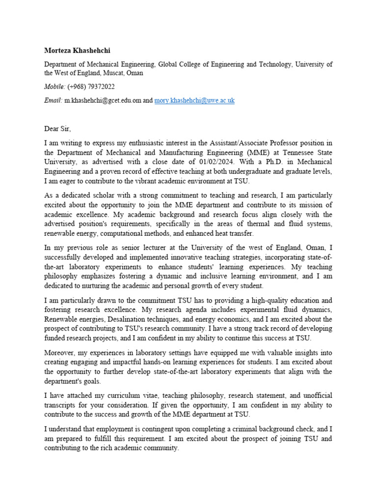 Cover Letter-TSU | PDF | University | Engineering