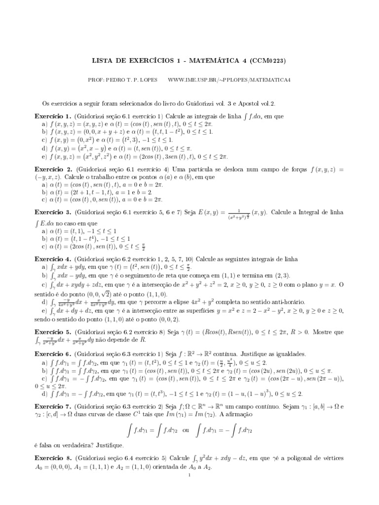 Lista 1 Matematica 4 | PDF | Geometria Euclidiana | Álgebra linear