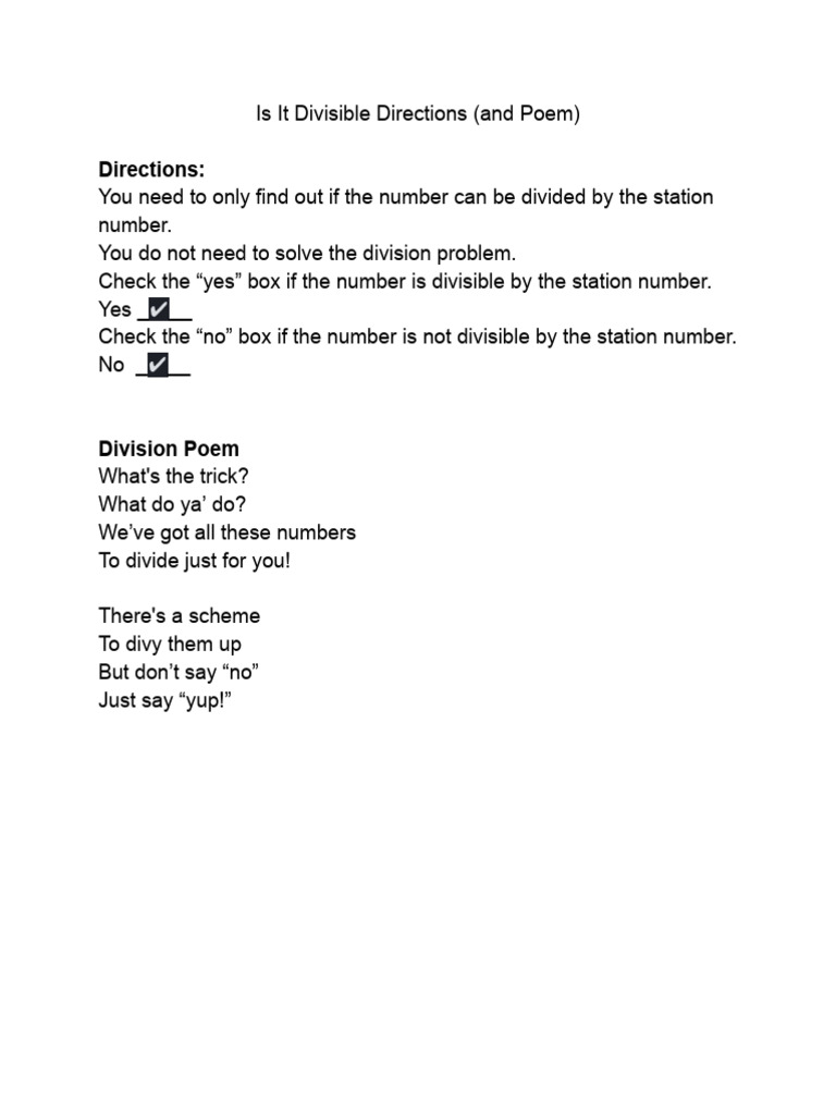 Is It Divisible Individual Directions and Poems | PDF | Arithmetic ...