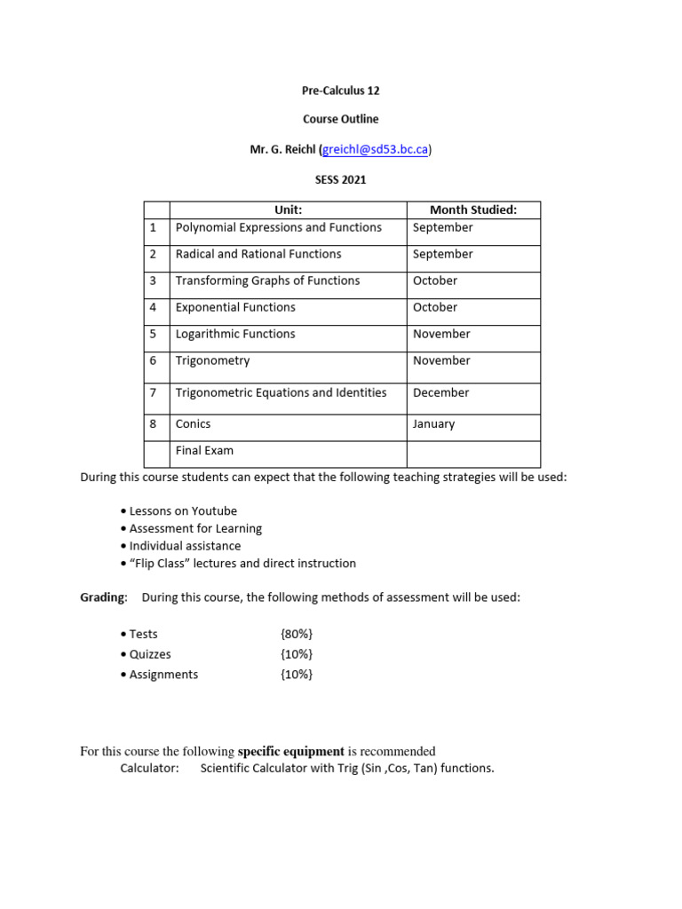 Pre-Calculus 12 Course Overview | PDF | Learning | Trigonometry