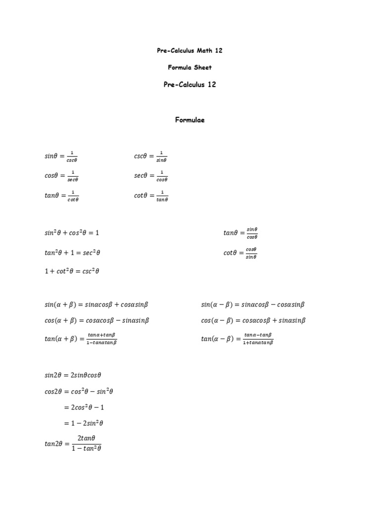 Pre-Calculus 12 Formula Sheet | PDF | Teaching Methods & Materials