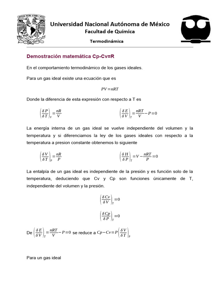 Demostración matemática Cp-Cv=R | PDF
