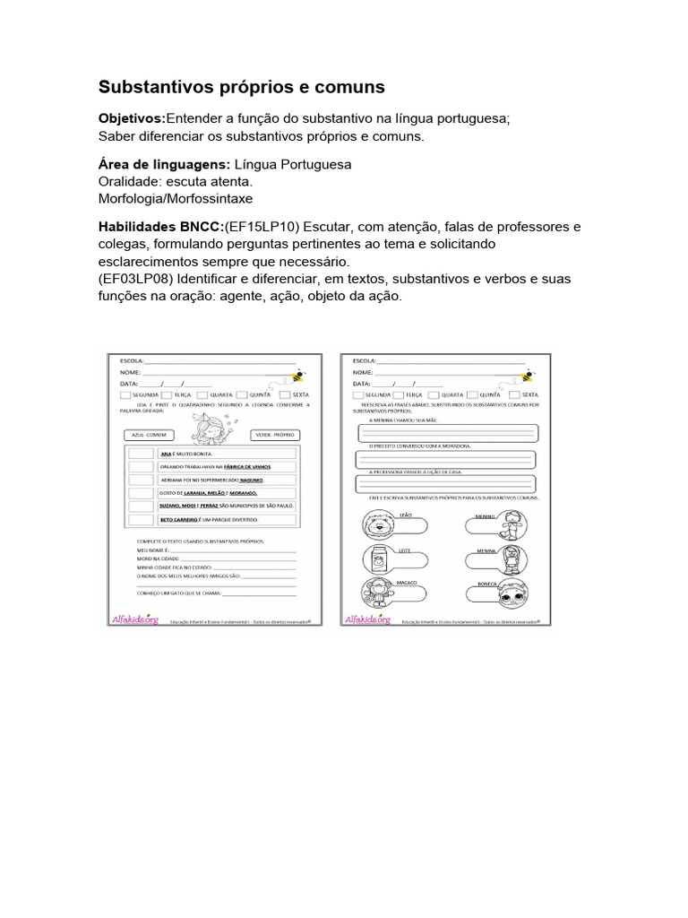 Plano De Aula Substantivos Próprios E Comuns Pdf