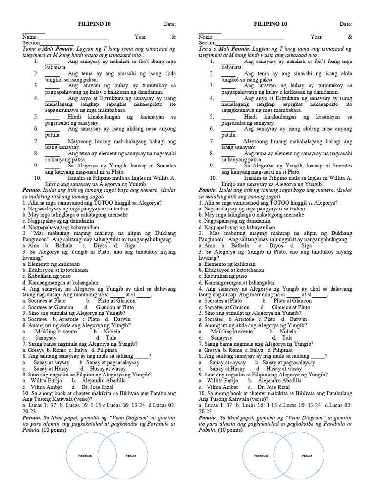 Quiz Sa Filipino 10 | PDF