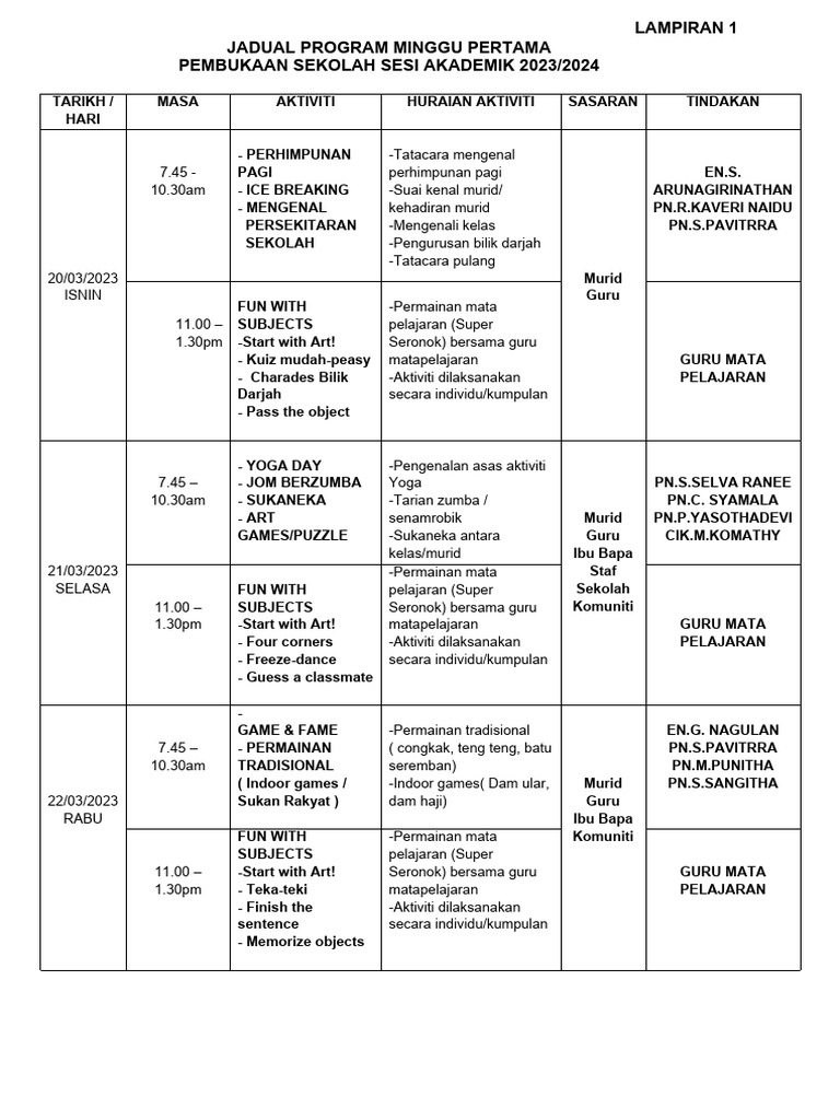 Jadual Program Minggu Pertama | PDF