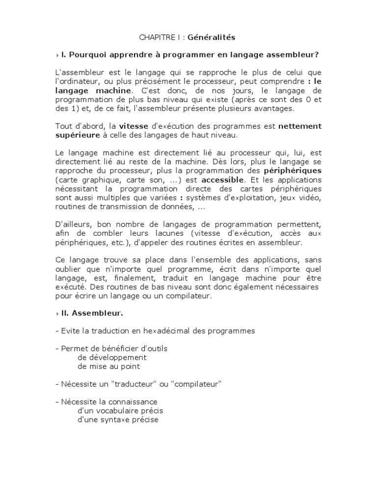 Chapitre I | PDF | Assembleur | Langage de programmation