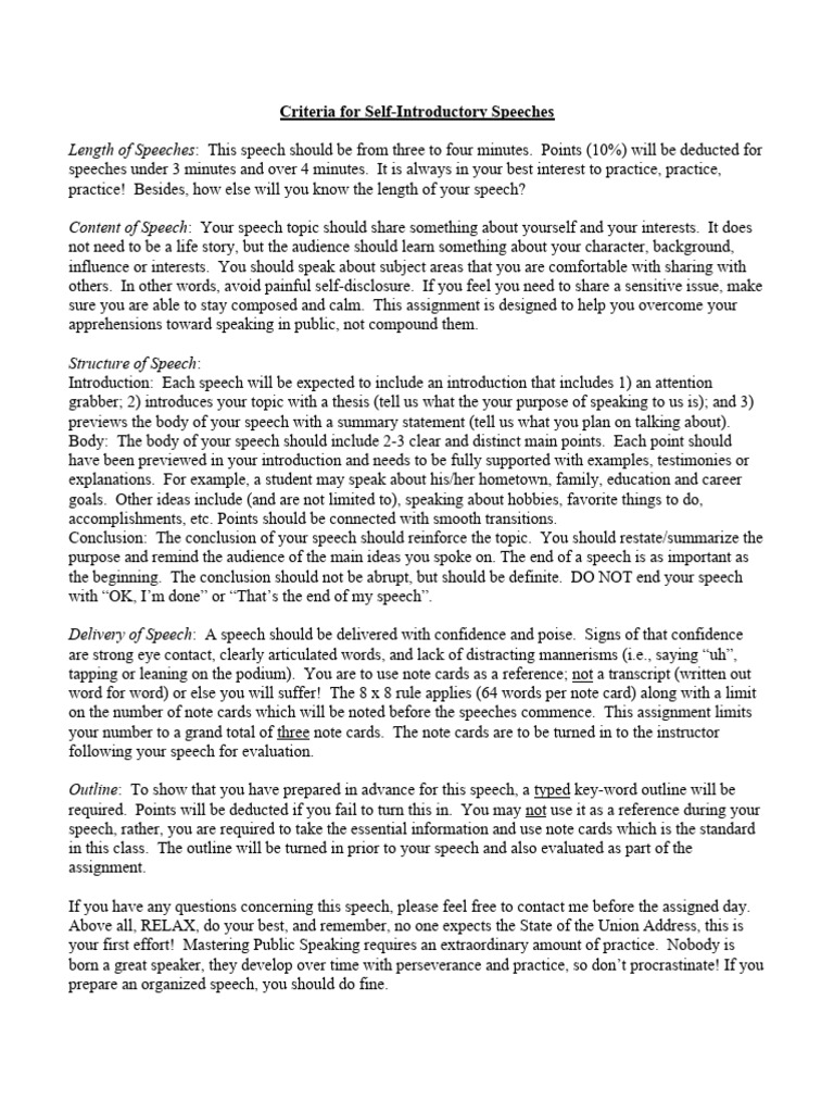 Self Introduction Speech Criteria | PDF | Communication | Cognitive Science