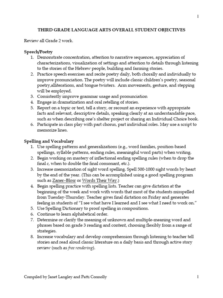 3rd Gd. Language Skills Student Objectives - Final | PDF | Reading ...