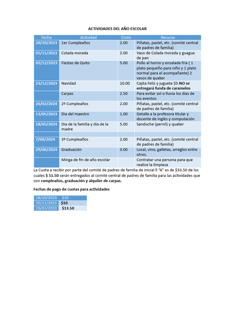 Actividades Del Año Escolar | PDF