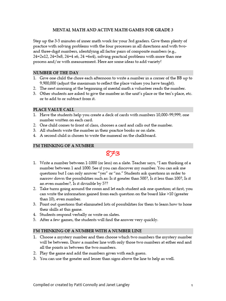 3rd Gd. Mental Math Games Final | PDF | Cognition