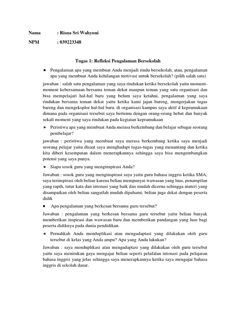 Risna Sri Wahyuni - Tugas 1 - Refleksi Pengalaman Bersekolah 2 | PDF | Karier & Perkembangan ...