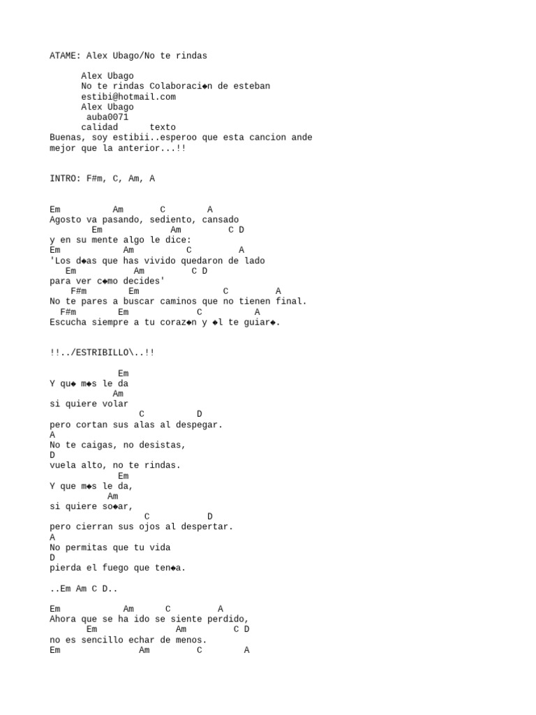 Letra de "No te rindas" de Alex Ubago | PDF | Poesía | Hogar ...