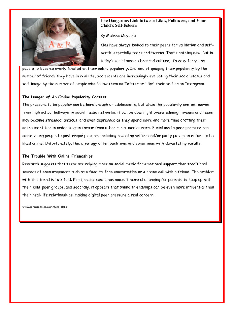 Social Media and Self Esteem Reading Comprehension Exercises - 113089 | PDF