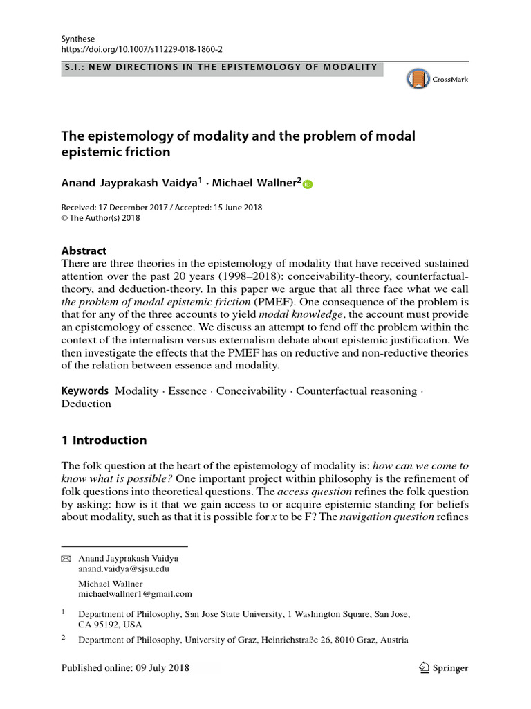 The Epistemology of Modality and The Problem of Modal | PDF | Epistemology | Modal Logic