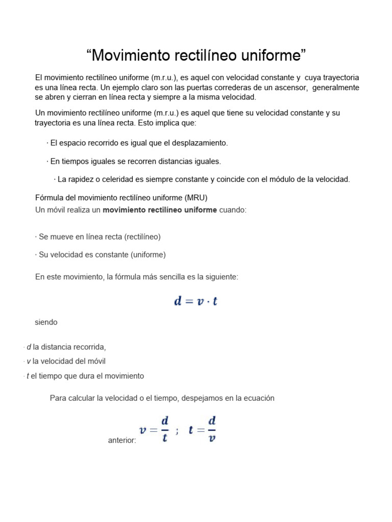 Fórmula y Ejemplos de MRU | PDF | Velocidad | Aceleración