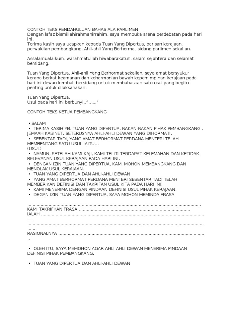 Contoh Teks Pendahuluan Bahas Ala Parlimen | PDF | Ilmu Sosial | Hukum