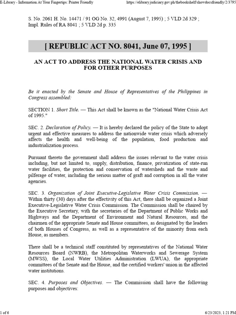 National Water Crisis Act of 1995 | PDF | Theft | Water Supply