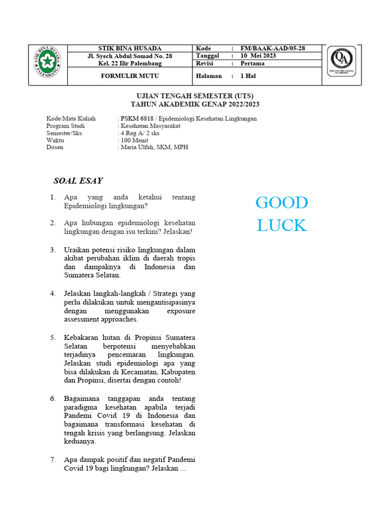 Maria Ulfah SOAL UTS Epid Lingk SMT Genap TA 2022-2023 | PDF