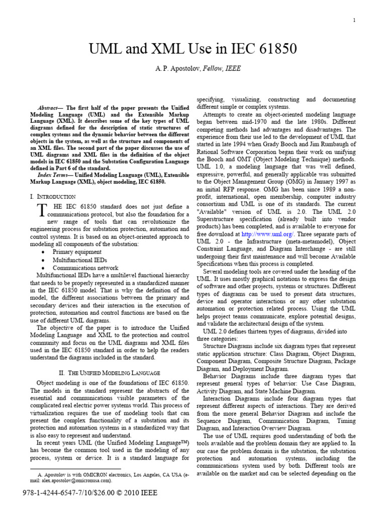 S15.s1 - UML and XML Use in IEC 61850 Apostolov2010 | PDF | Unified Modeling Language | Xml