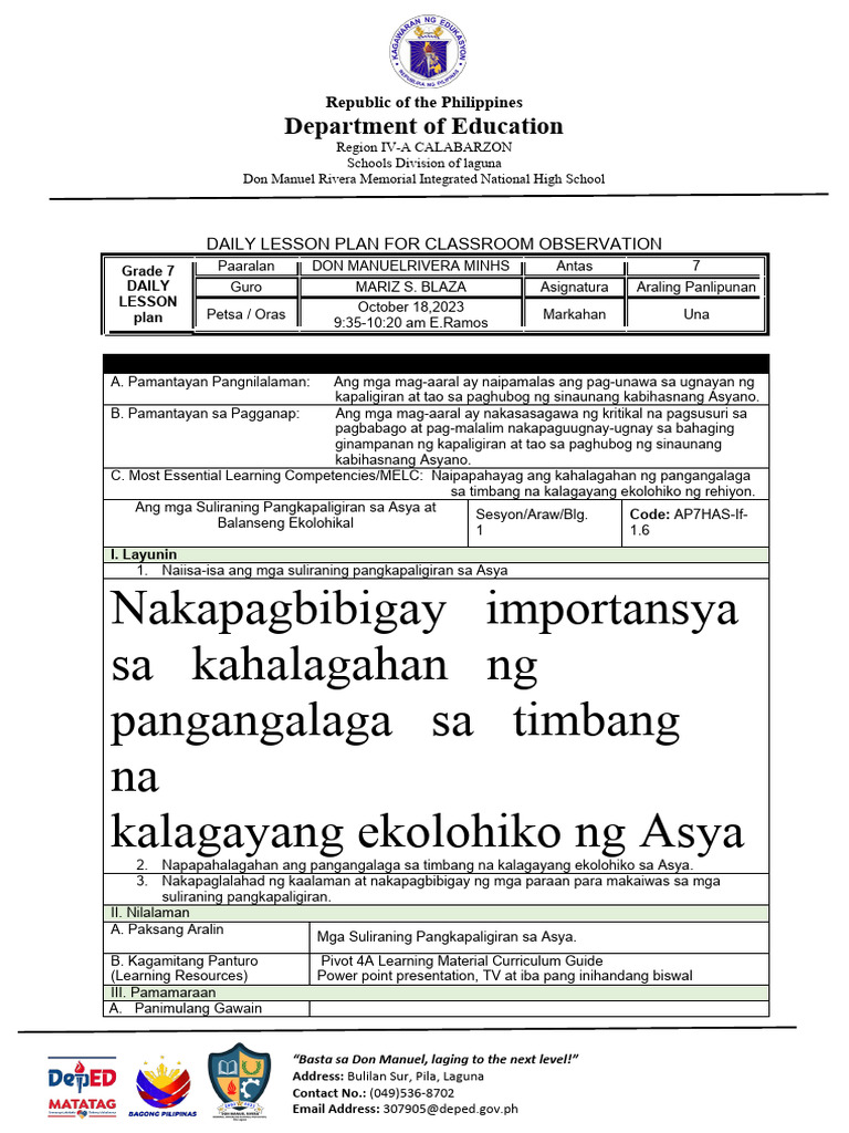 Co1 - Suliraning Pangkapaligiran Sa Asya LP | PDF