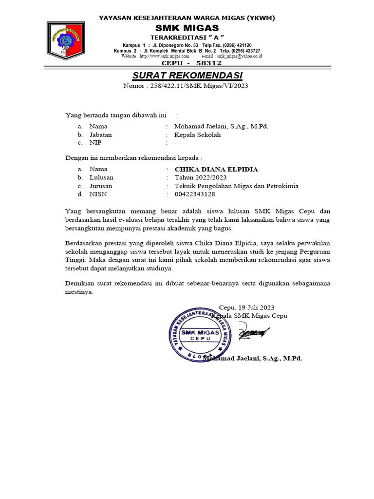 Surat Rekomendasi Siswa | PDF