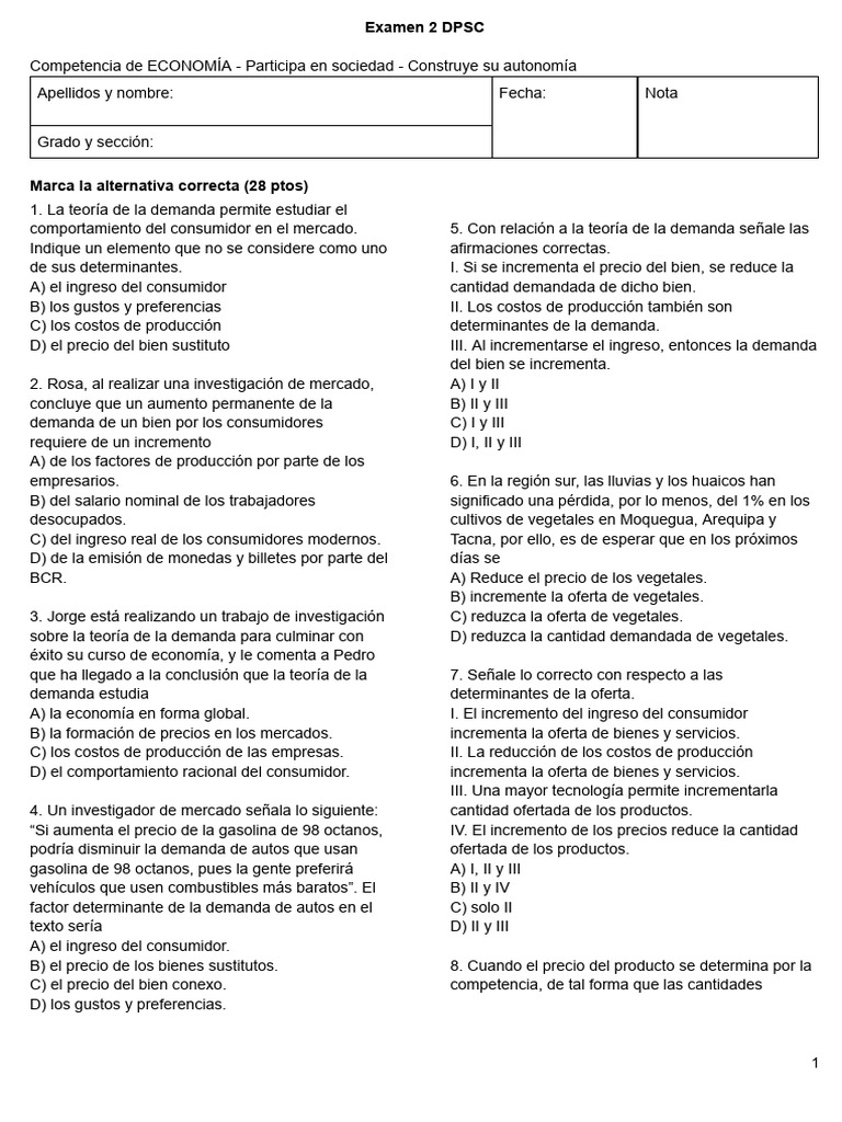 Examen 2 - DPSC 8VO AB | PDF | Mercado (economía) | Precios