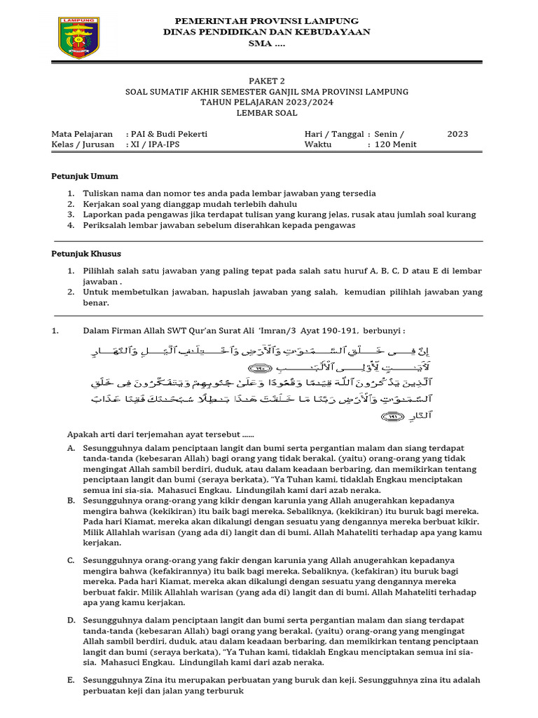 Soal Agama Kelas XI Tipe B | PDF