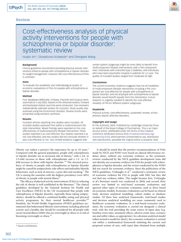 Costeffectiveness Analysis of Physical Activity Interventions For People With Schizophrenia or ...
