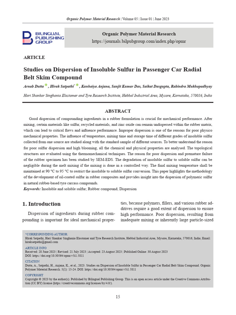 Studies On Dispersion of Insoluble Sulfur in Passe | PDF | Extrusion ...