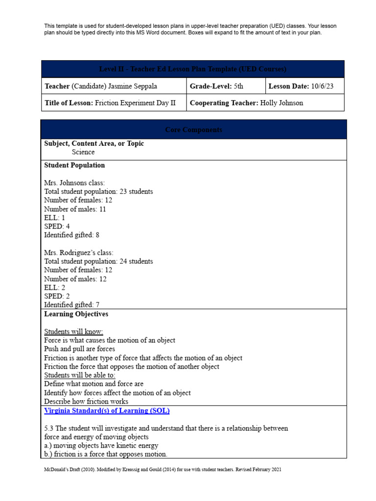 10 6 Science Lesson Friction Experiment - 2 | PDF | Lesson Plan | Force