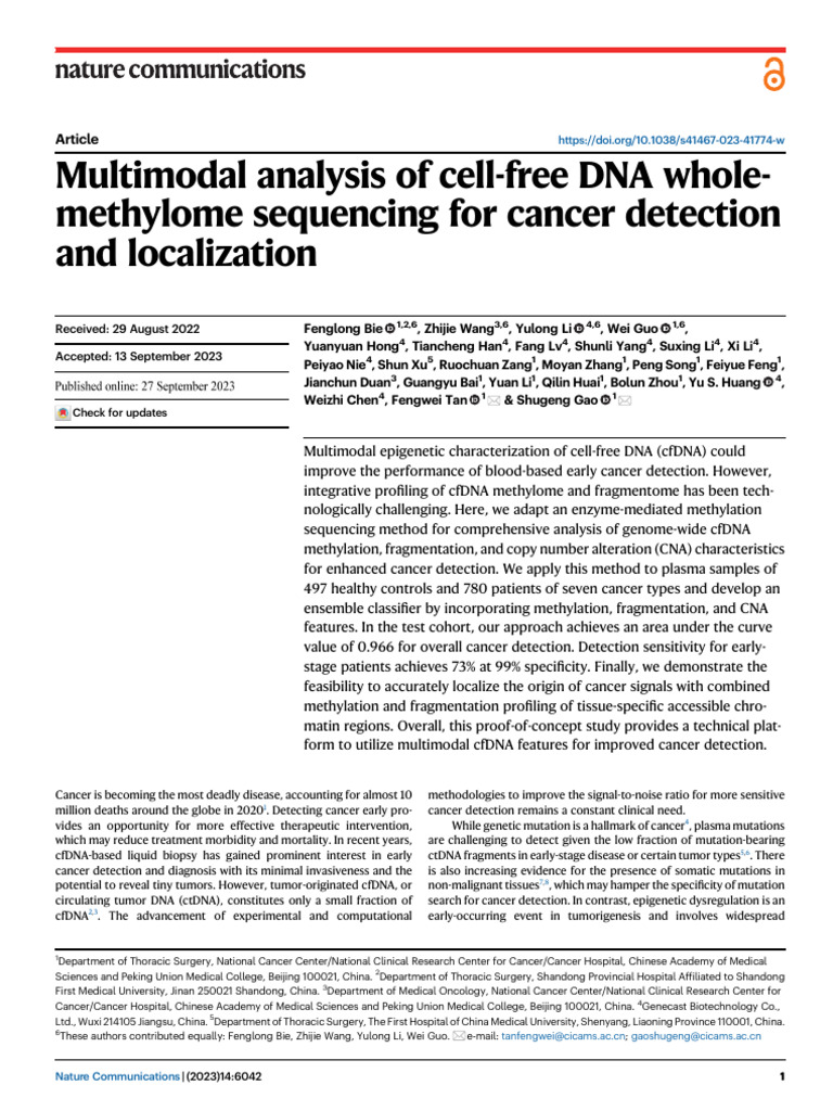 Multimodal Analysis of Cell-Free DNA Whole-Methylome Sequencing For Cancer Detection and ...