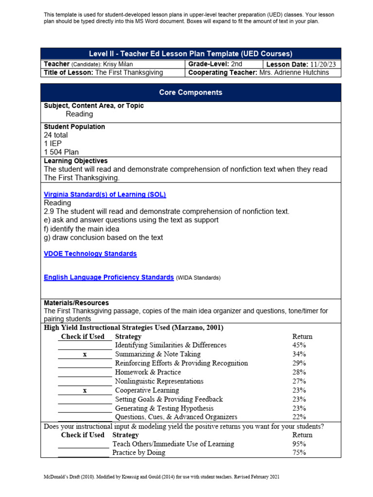 11-20 Cas Level II Lesson Plan - WGR | PDF | Lesson Plan | Reading Comprehension