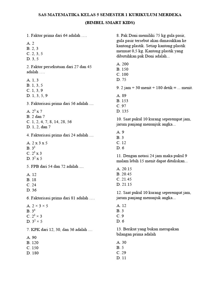 Sas Matemarika Kelas 5 Semes Ter 1 | PDF