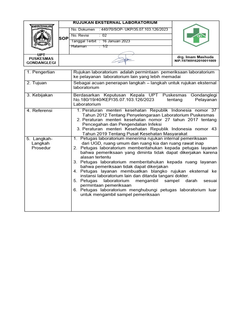 Sop Rujukan Eksternal Laboratorium | PDF