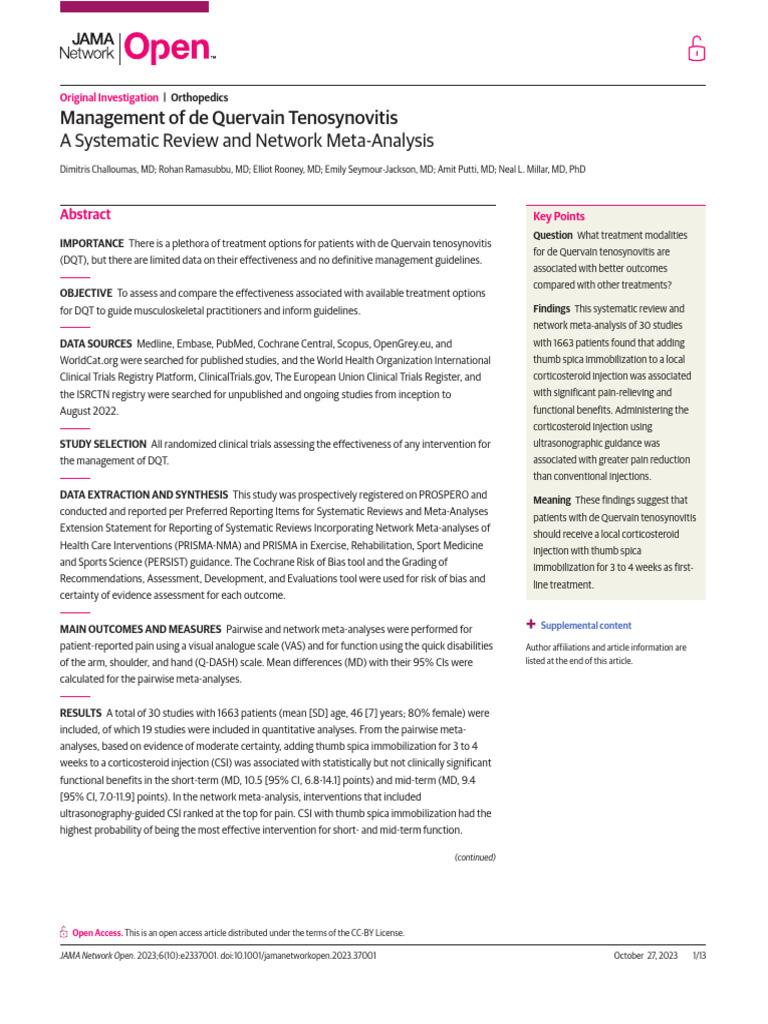Management of de Quervain Tenosynovitis - A Systematic Review and Network Meta-Analysis | PDF ...