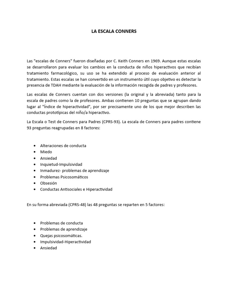 Escalas de Conners para Evaluar TDAH | PDF | Desorden hiperactivo y ...