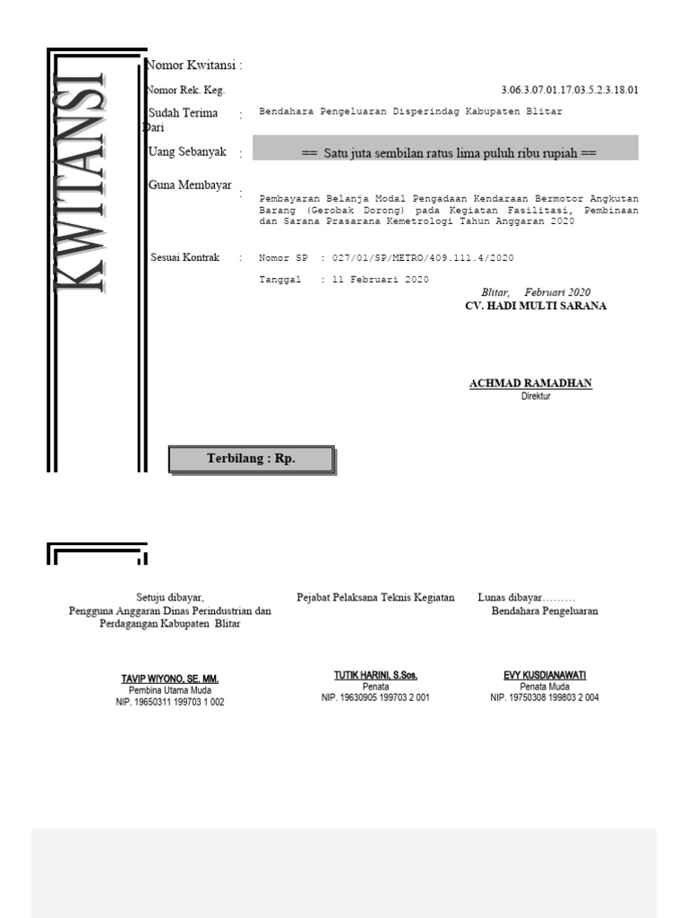 Contoh Kwitansi 1 Pembayaran Dinas | PDF