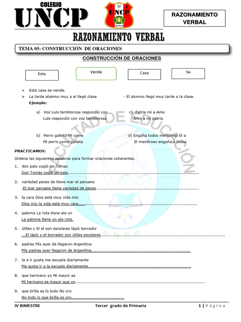 CONSTRUCCIÓN DE ORACIONES Tercer Grado | PDF