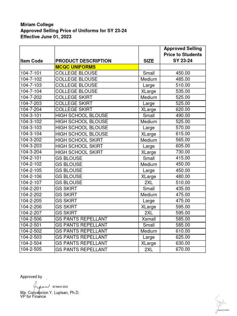 Miriam College Uniform Pricing 2023-24 | PDF | Clothing | Fashion