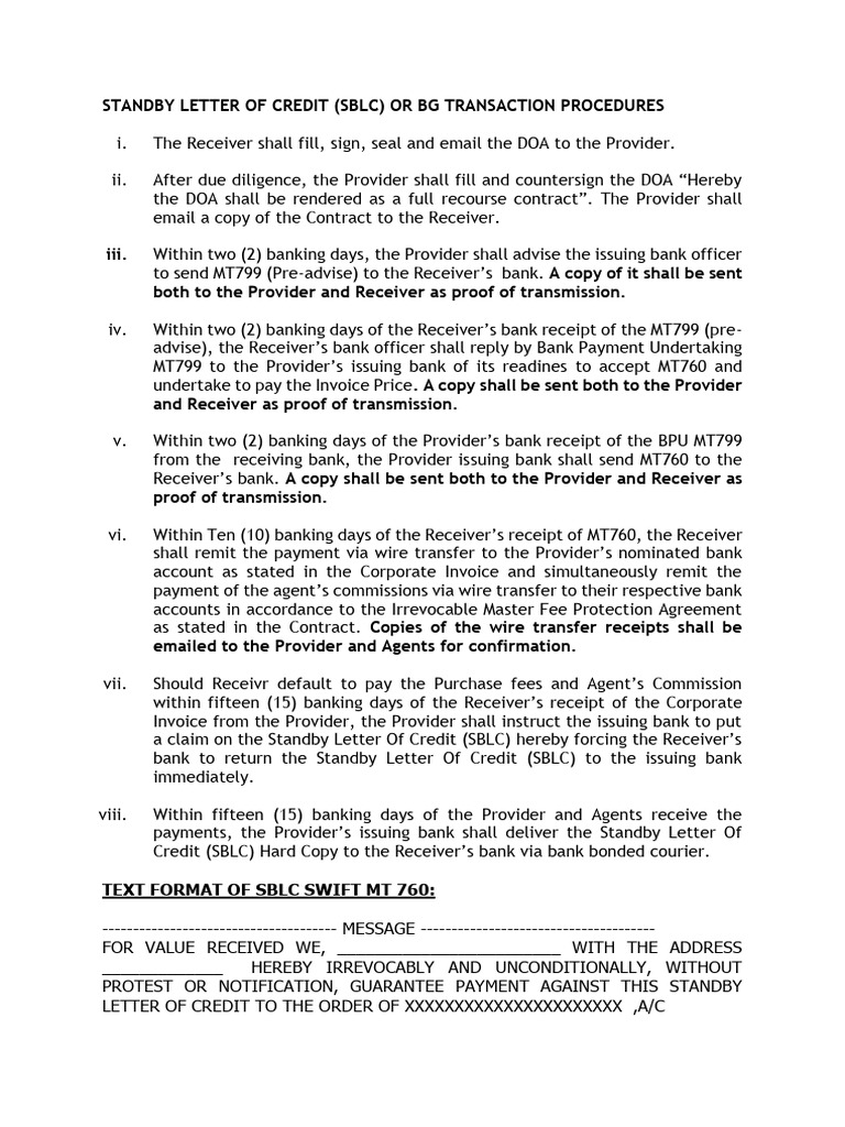 SBLC Terms & Procedure | PDF | Letter Of Credit | Receipt